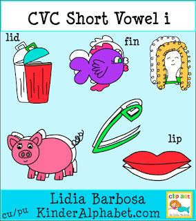 Short Vowels Clip Art with CVC Word Patterns - Kinder Alphabet