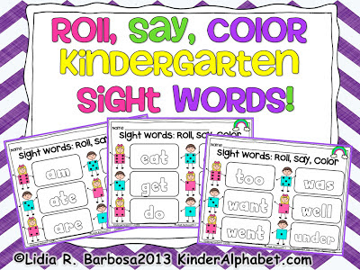 Roll, Say, Color Sight Words - Kinder Alphabet